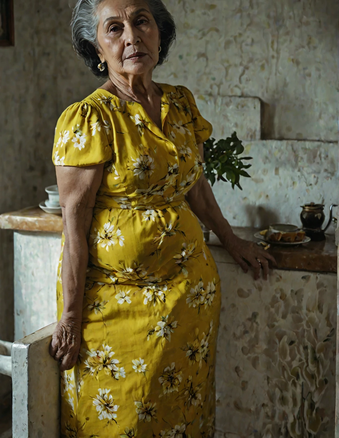 A mature old granny woman, 65 years old, in a white shirt is standing ...