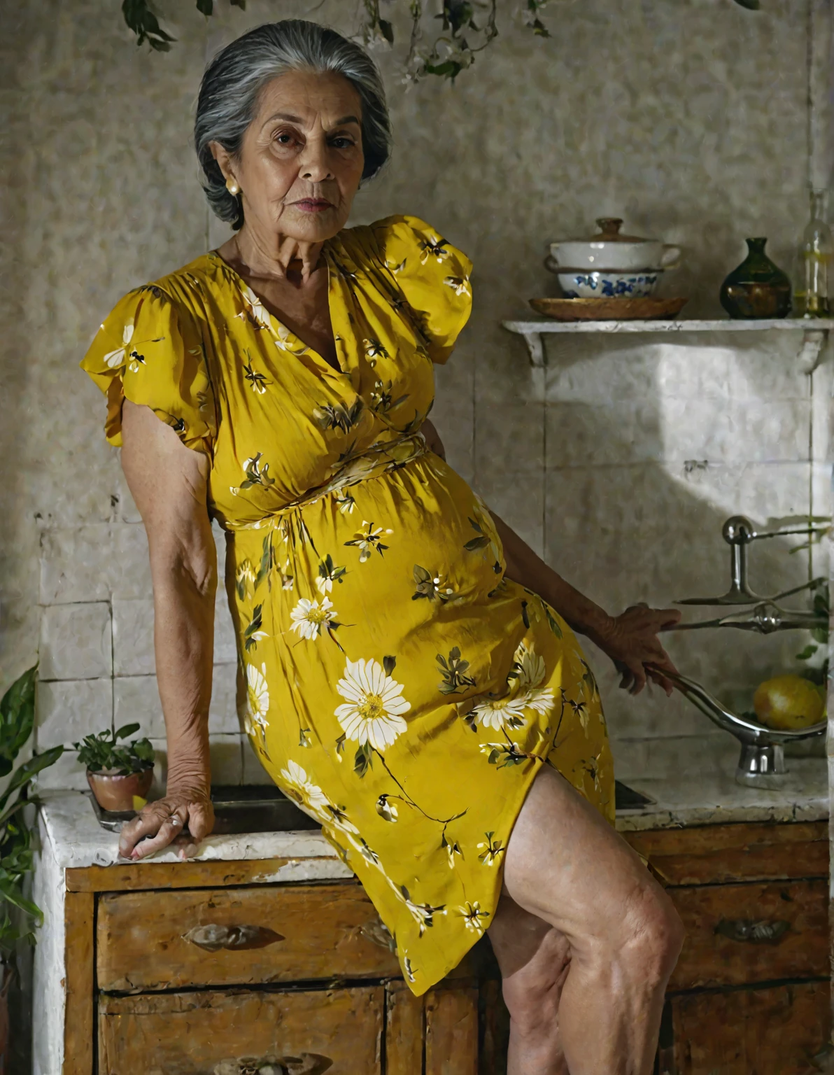 A mature old granny woman, 65 years old, in a white shirt is standing ...