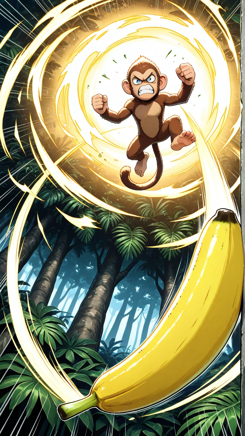 A monkey throwing a banana at the viewer \(from far away\), banana ...