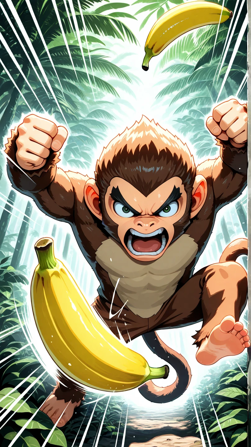 A monkey\(far away\), throwing a banana at the viewer, banana spinning ...