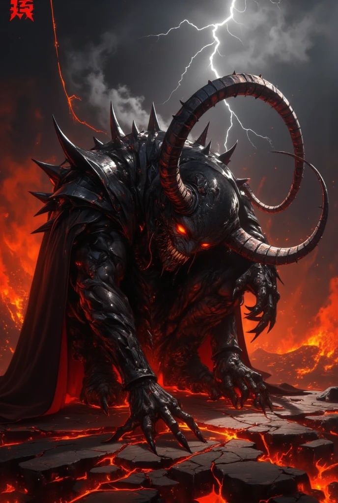Big horned demon, prostrate, dark hell, fire, smoke, fog, lightning ...