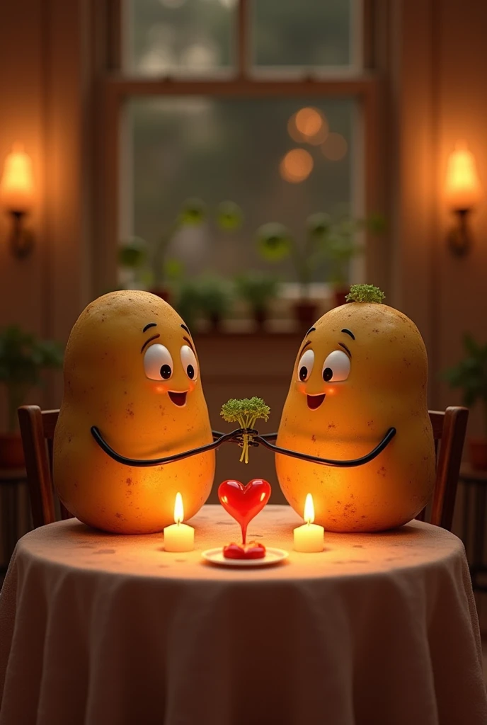 Two cute animated baked potatoes on a romantic dinner date, sitting ...
