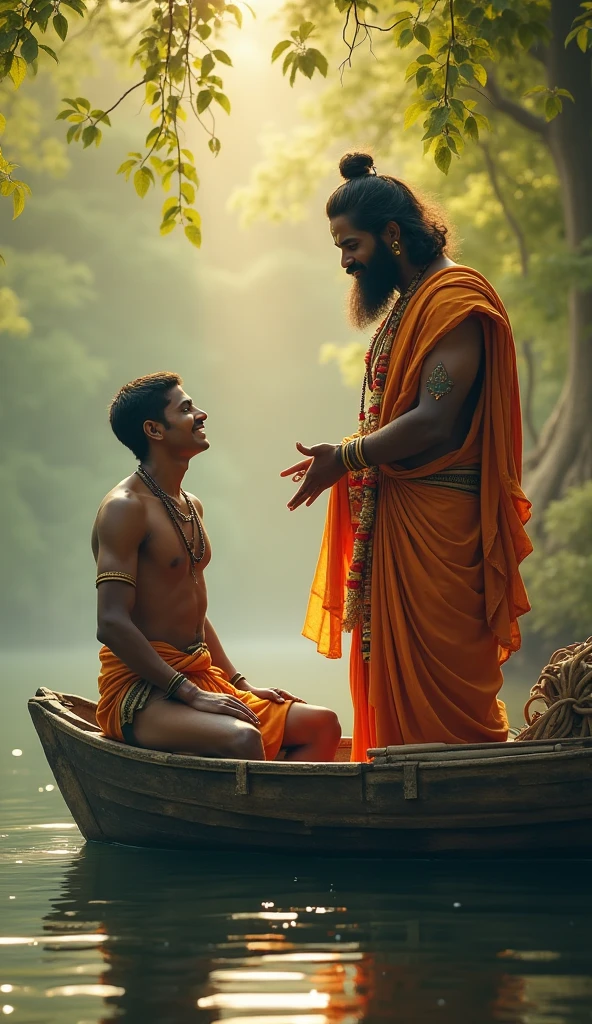 The boatman looking peaceful and happy as Lord Ram blesses him - SeaArt AI