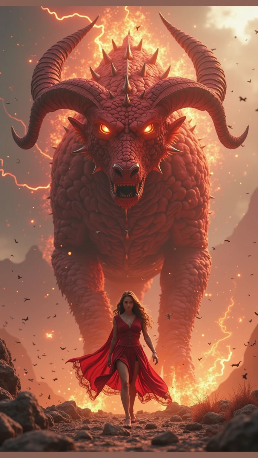 A breathtaking, fierce woman walking beside or riding atop a massive ...