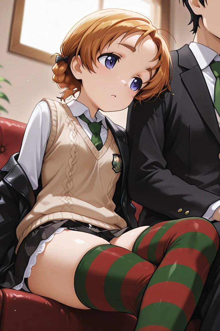 Orenge pekoe（black jacket, green necktie, sweater vest, striped thighhighs - SeaArt AI