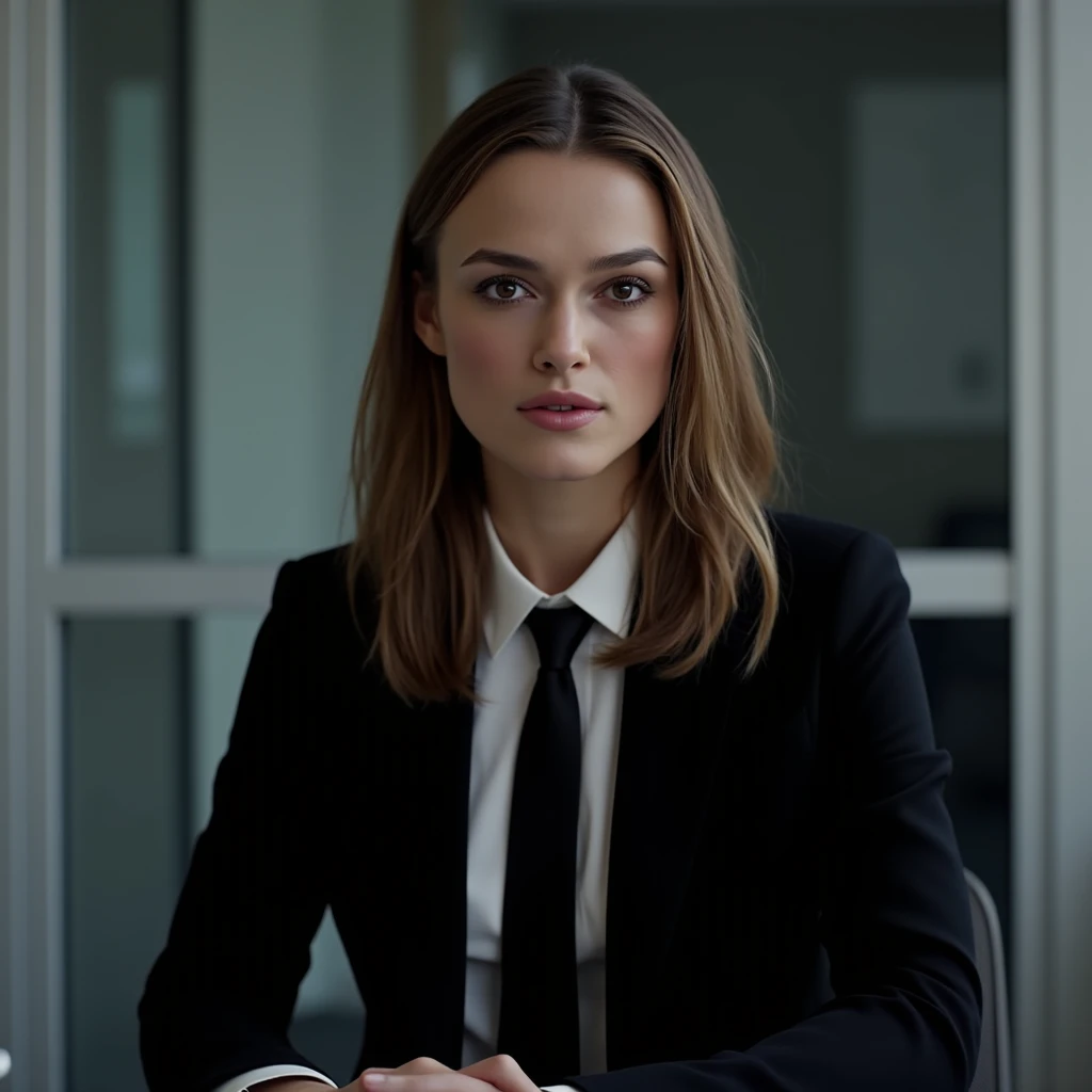 A photo from a 2020s comedy movie of Keira knightly as a smartly ...
