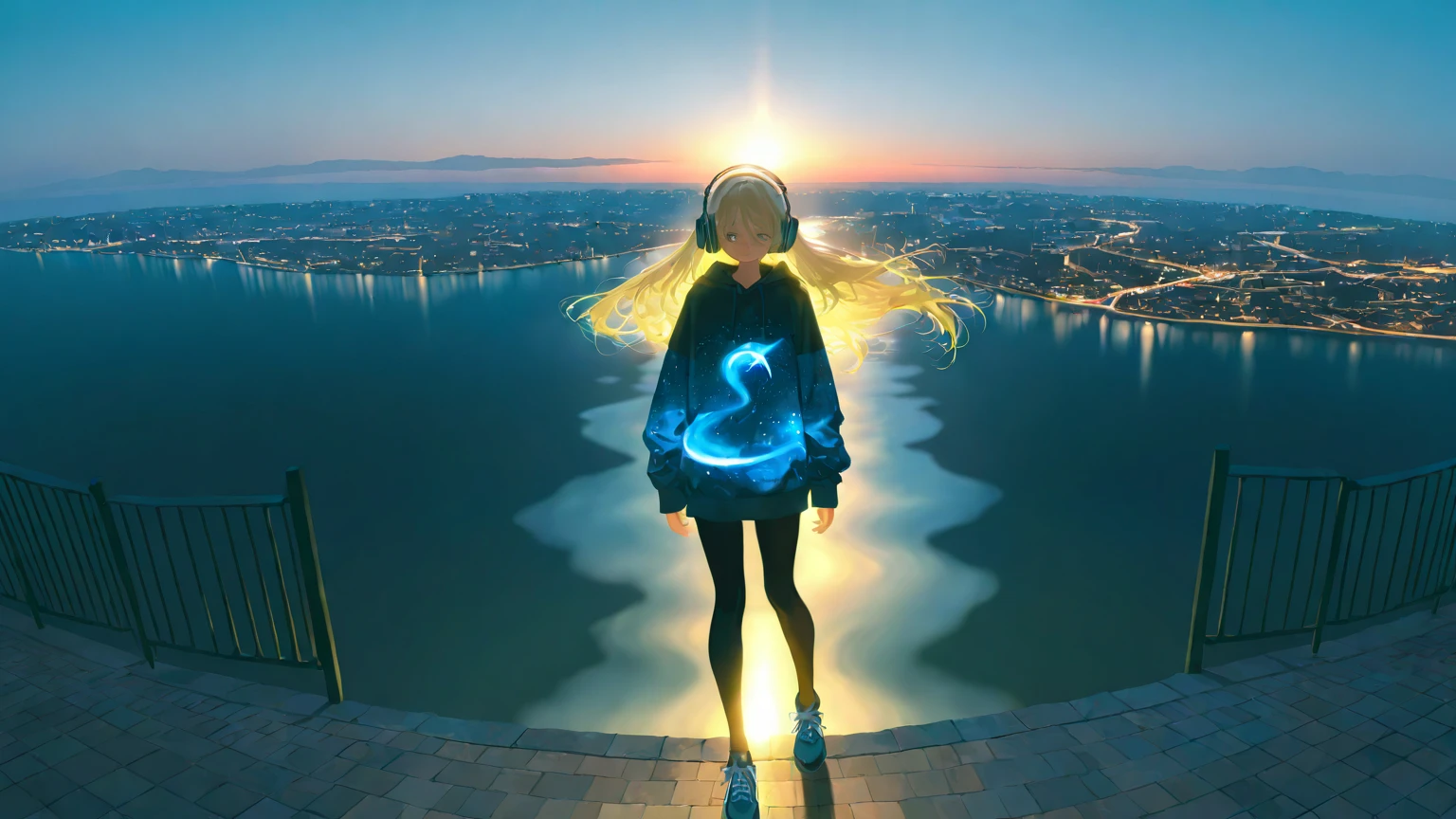 Lo-fi style,(solo:1.4), 1girl\(headphones, blonde\(long_sideburns ...