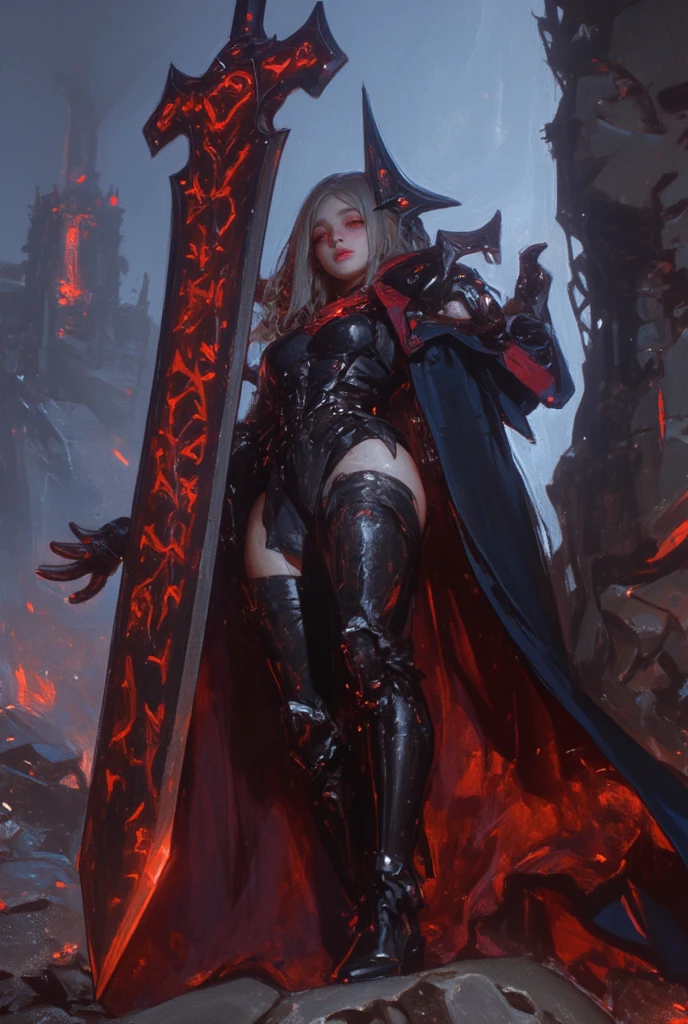 Full body illustration of a corrupted female knight with long silver ...