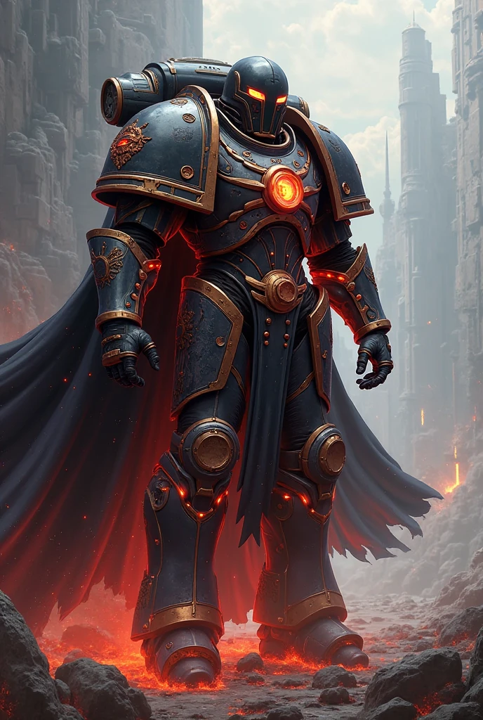 Sci-fi Warhammer space marine Knight with black shoulder cape and ...