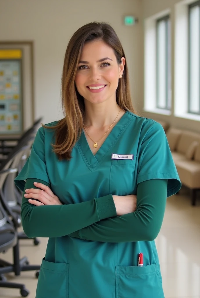 Nurse in teal scrubs with a name badge stands confidently with arms ...