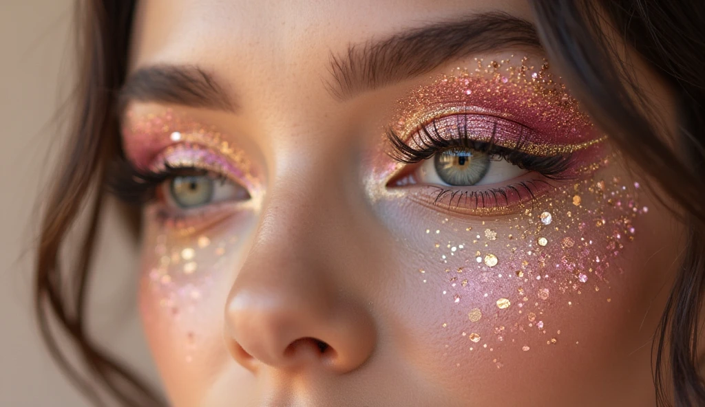 Shiny eye makeup with rose pink crystals and golden shimmer. - SeaArt AI