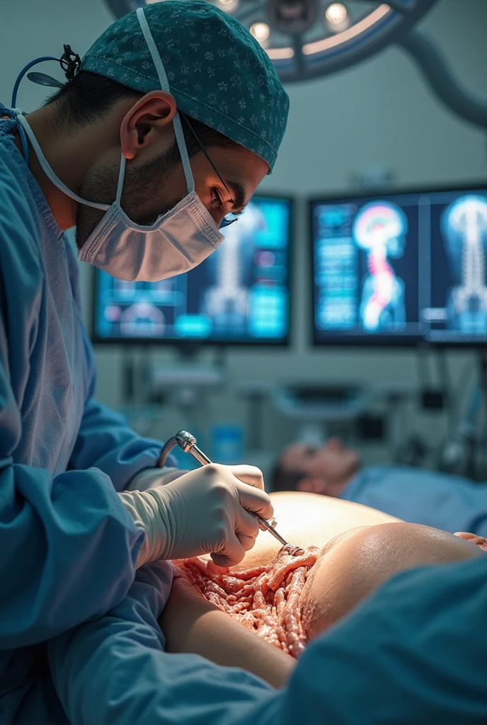 Creat an image showing neurosurgeon doing endoscopic spine surgery ...