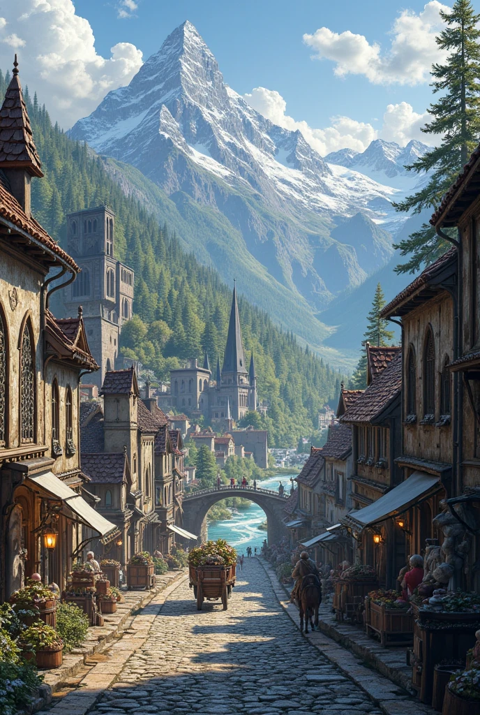 Draw a realistic medieval city with mountains and forests as a ...
