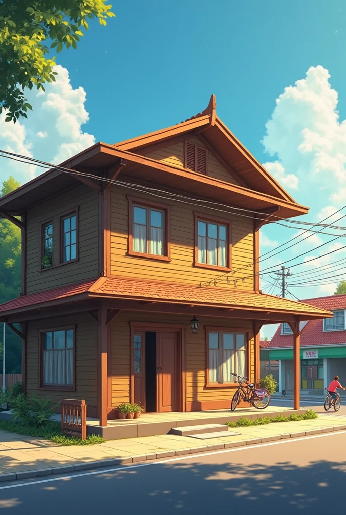 Anime style, simple large wooden house located in a Myanmar town ...
