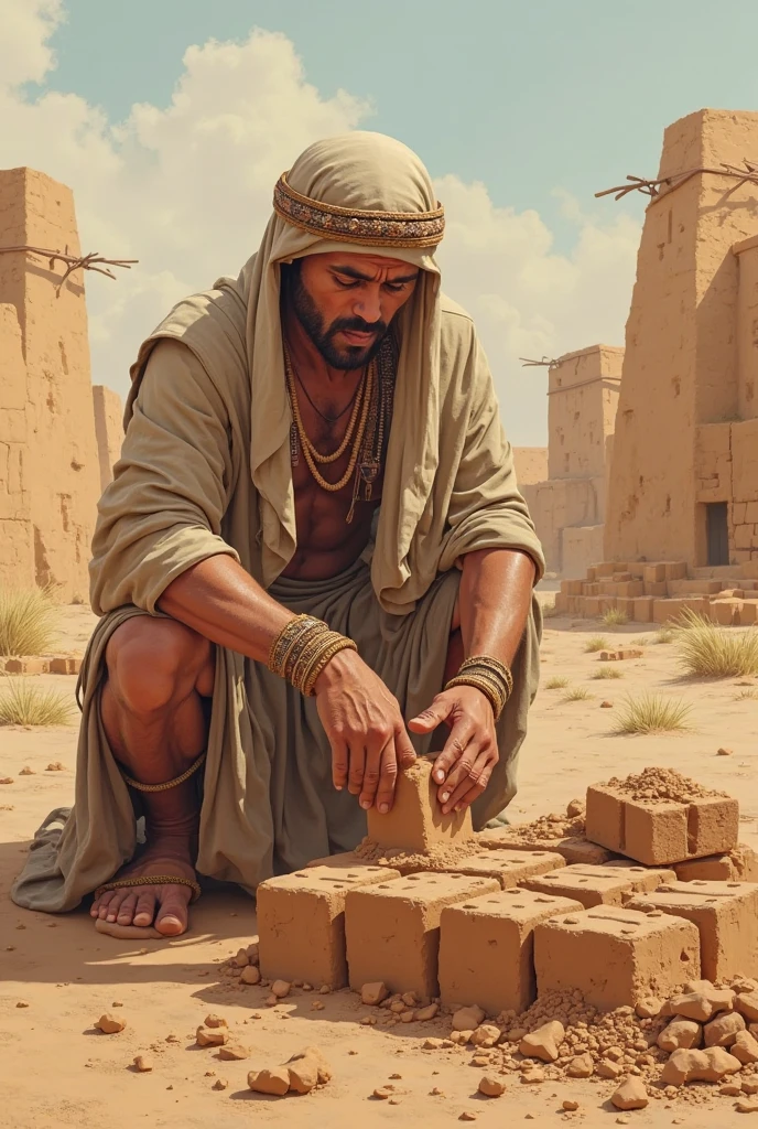 Create an illustration showing an ancient Mesopotamian builder working ...