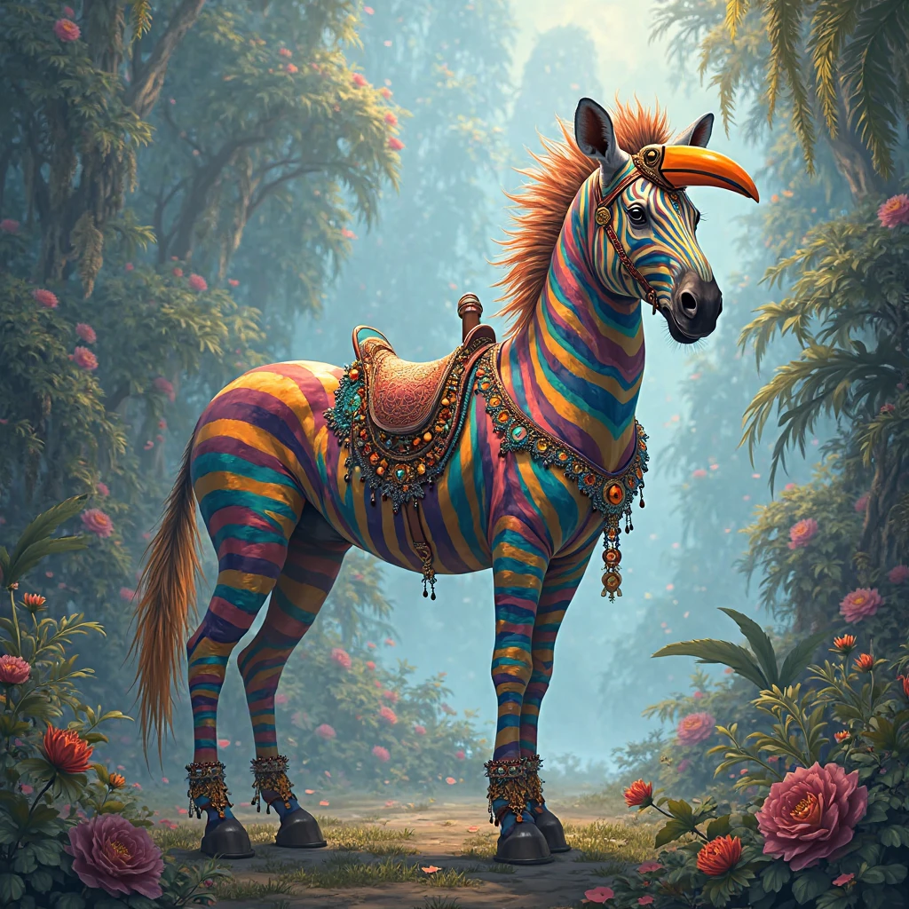 Rainbow colored Zebra-Tucan hybrid wearing a saddle. Mythic fantasy ...