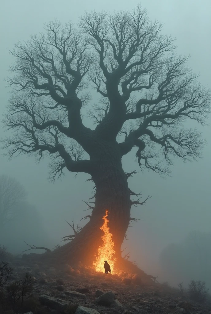 Large foggy stand alone twisting oak tree with a large in front and a raven comi - SeaArt AI