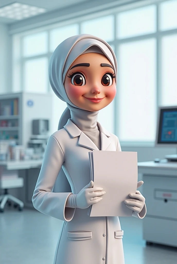 A 3D cartoon female medical lab specialist wearing a white lab coat ...