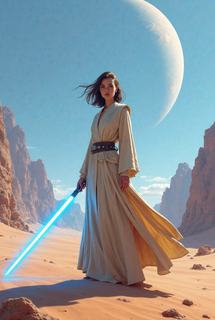 Uma mulher, with sly shoulder length hair dressed as a Star Wars Jedi ...