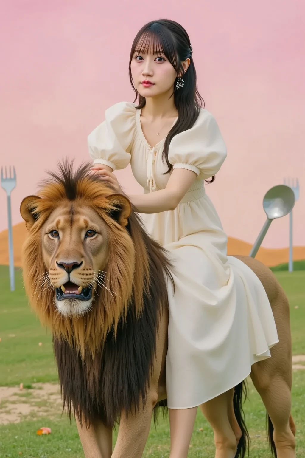 "A surreal scene set in the savanna: a majestic lion with a completely ...