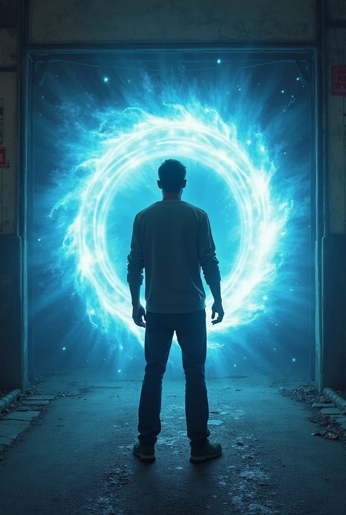 A realistic scene of a man standing in front of a glowing time portal ...