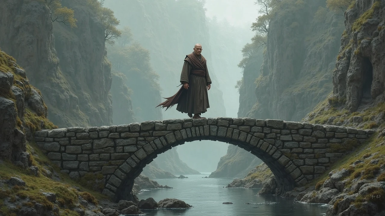 The monk walks across a bridge made of stone, his footsteps echoing ...