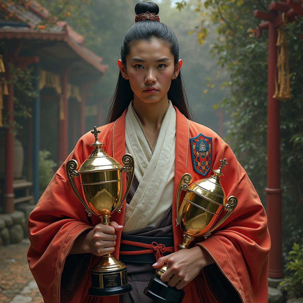 Samurai with bun, wearing kimono with the Corinthians symbol on the ...