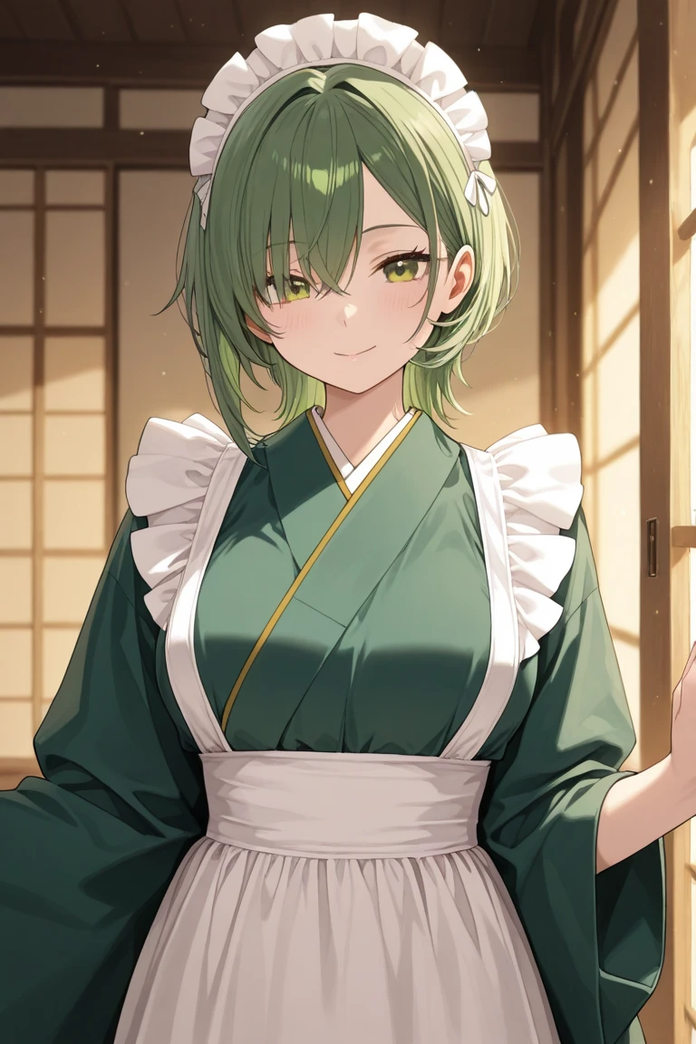 Maid costume that looks like a green kimono、green hair - SeaArt AI