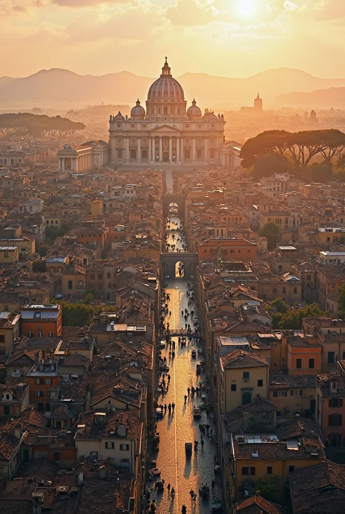 ‏Aerial view of Rome from the sky, iconic features like the Colosseum ...