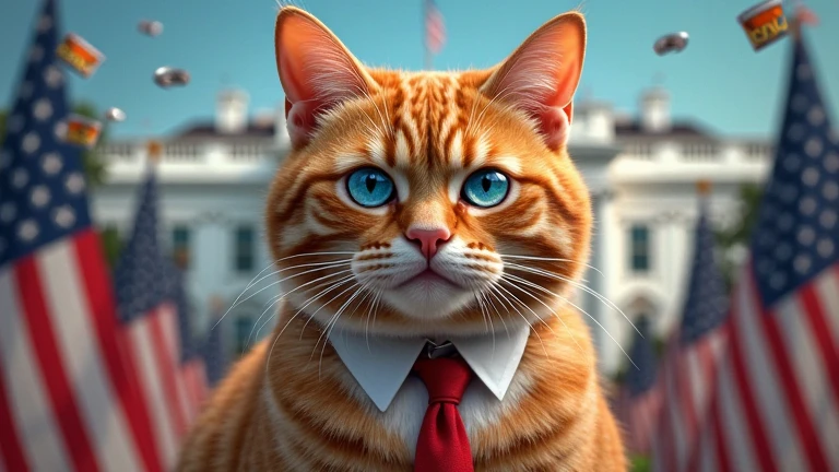 A hyper-realistic adult orange tabby cat with large, expressive blue ...
