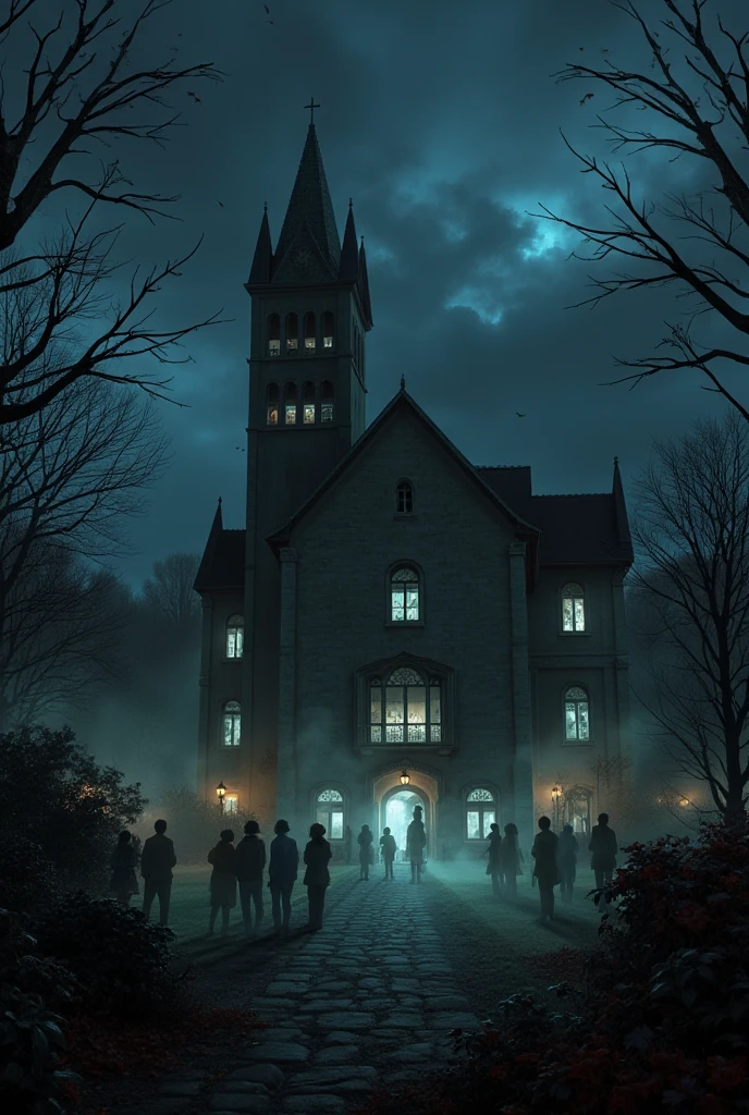 A school, at night, That their windows turned on show the ghosts inside ...