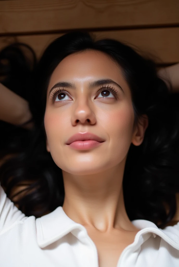 A woman with dark, wavy hair captured from below, gazing upward - SeaArt AI