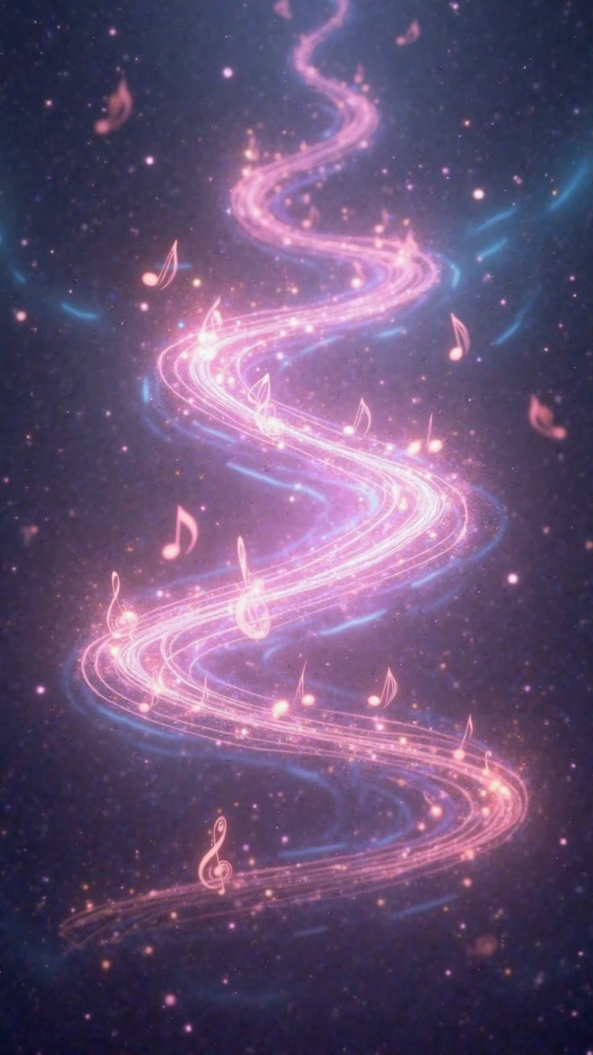 A magical and luminous scene where glowing music notes and spiraling ...