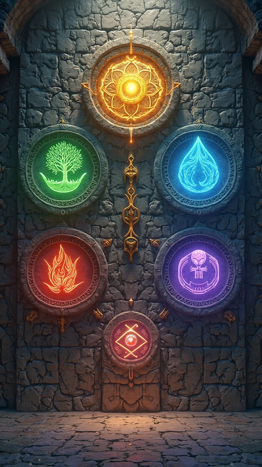 A mystical wall of ancient stone engraved with five glowing elemental ...