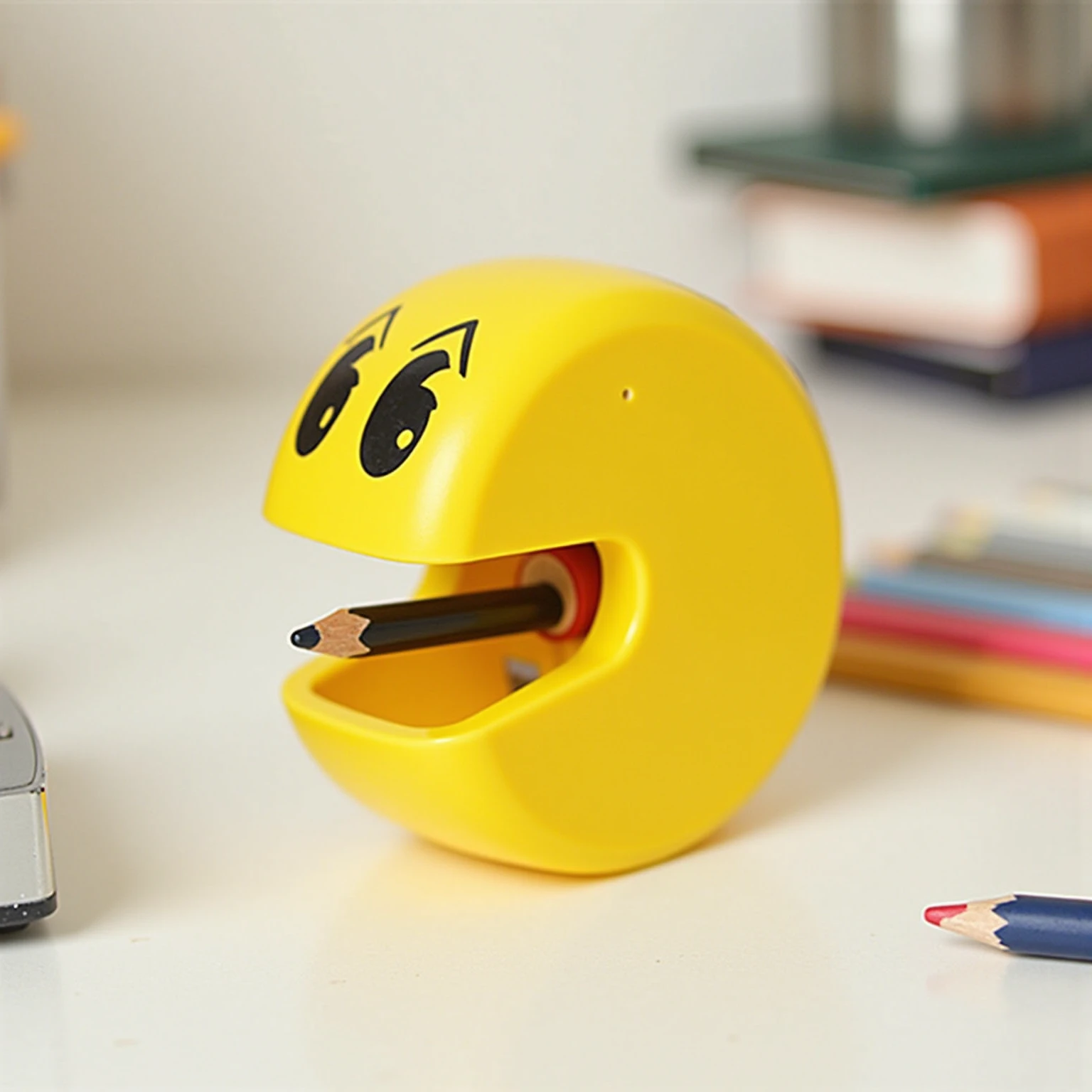 A pac-man-shaped pencil sharpener with a pencil inside the mouth with ...