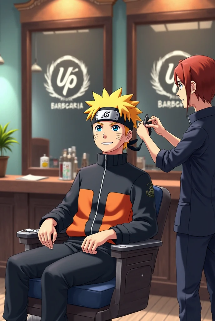 Naruto Uzumaki in anime style, sitting in a modern barbershop chair at ...