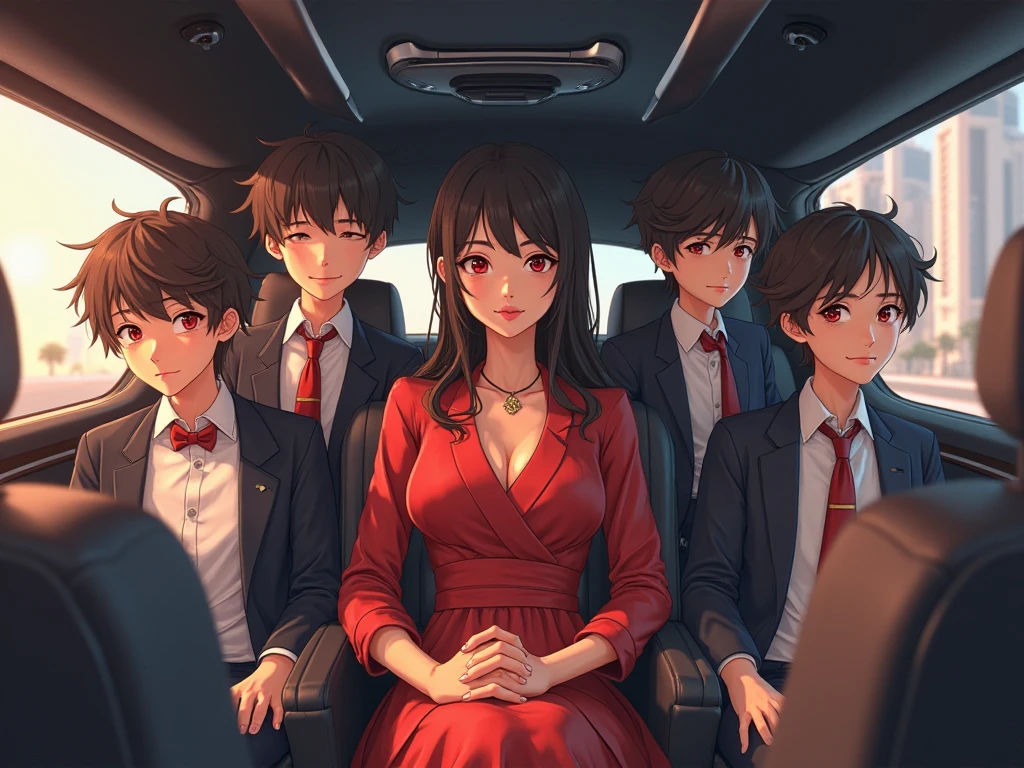 Create me a family of 4 anime boys and a Japanese mother with a neat ...
