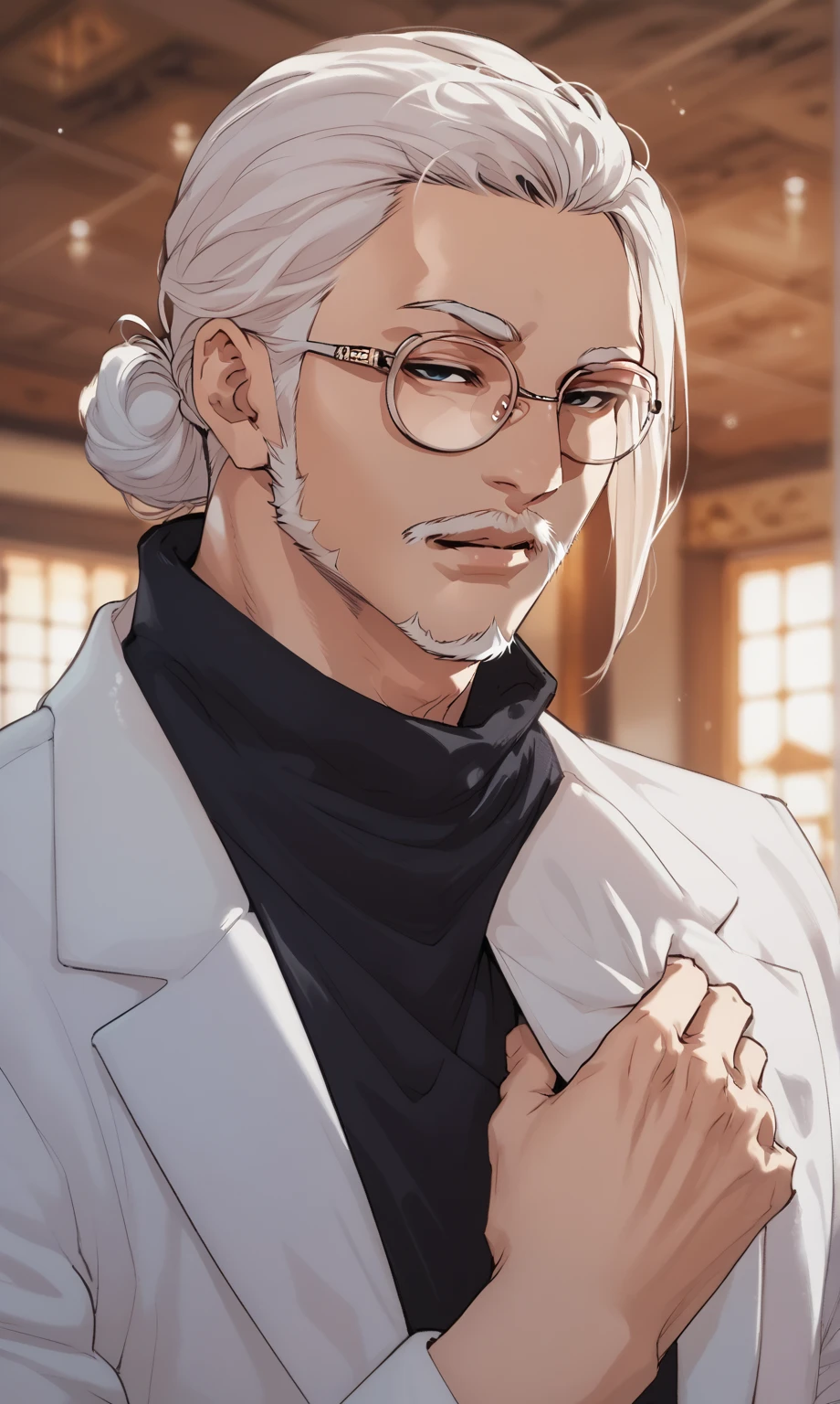 1male,solo,white hair,long hair, hair bun,glasses,white suit - SeaArt AI