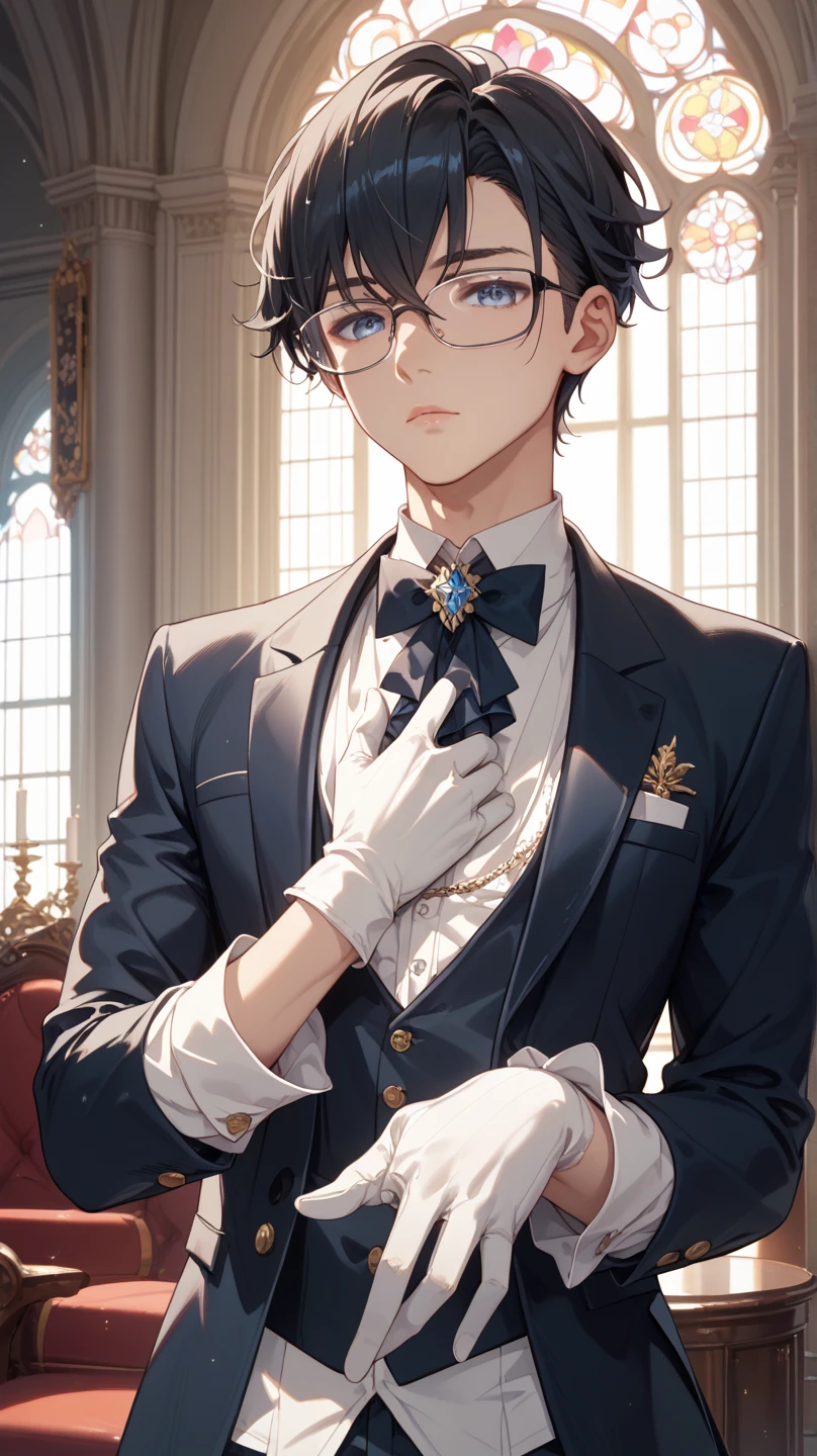One boy、handsome、Butler、black hair、long bangs、glasses、 glossy lips ...