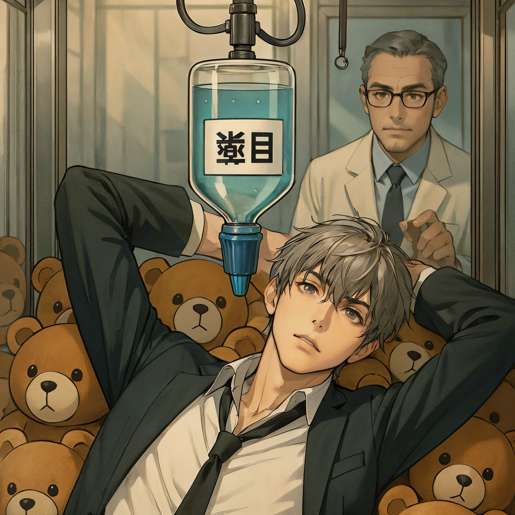 A stylish man lies on his back inside a claw machine. The red tip of ...