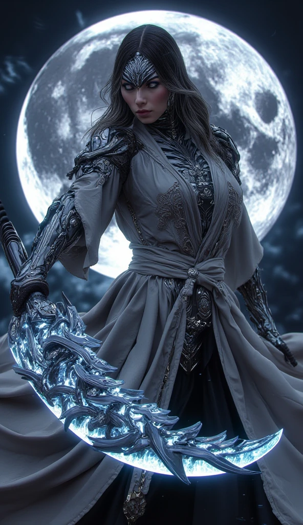 A closeup of fantastical image of a moon knight, clad in flowing ...