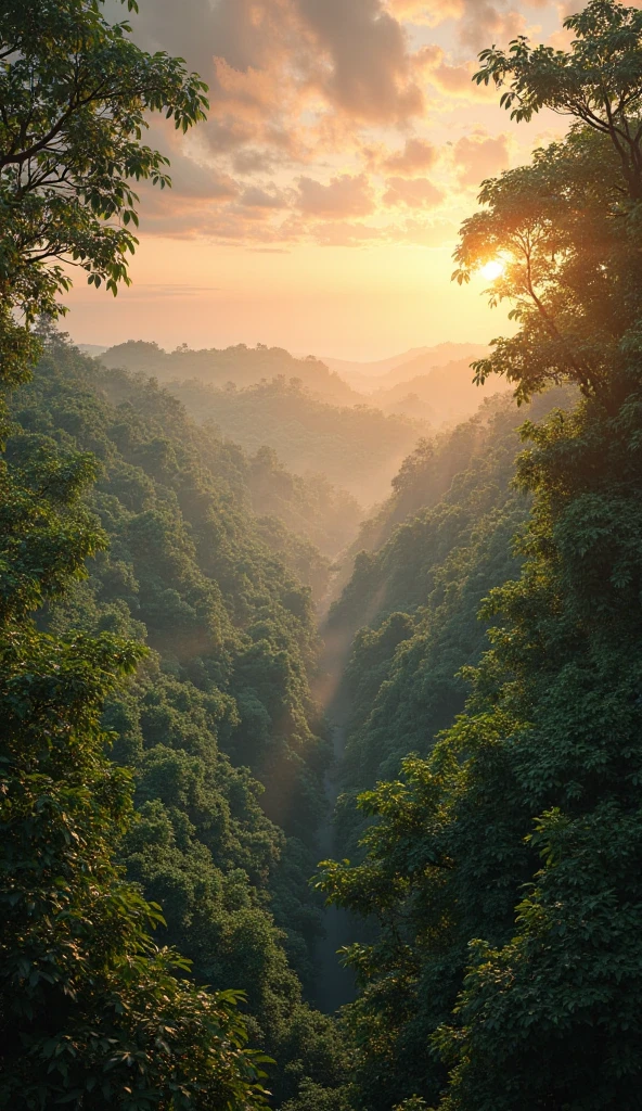 Wide shot A static shot of a dense Amazon rainforest during golden hour ...