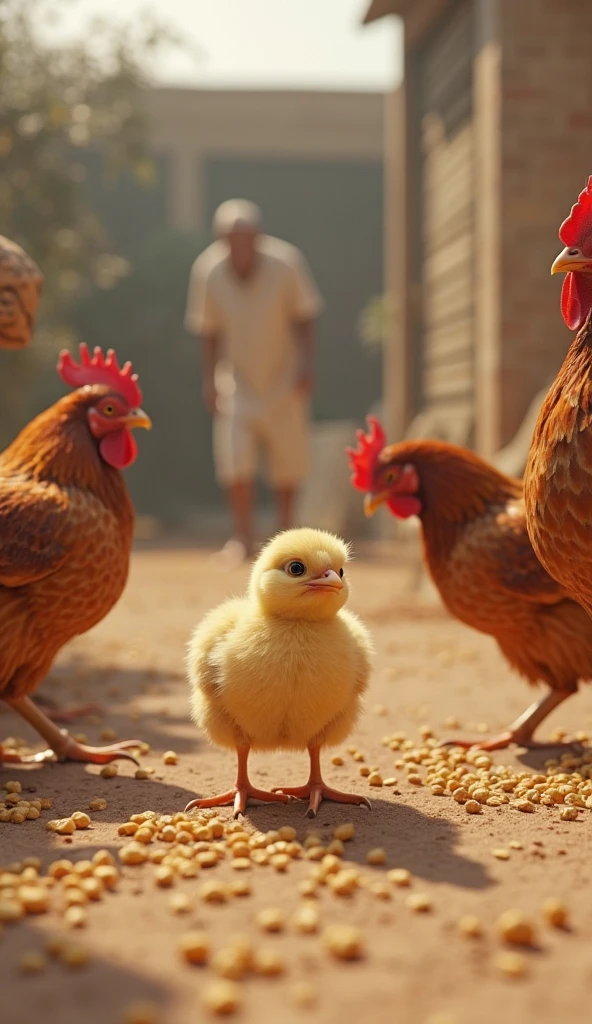 A high-quality 3D rendering of a small, emaciated, pale yellow chick ...