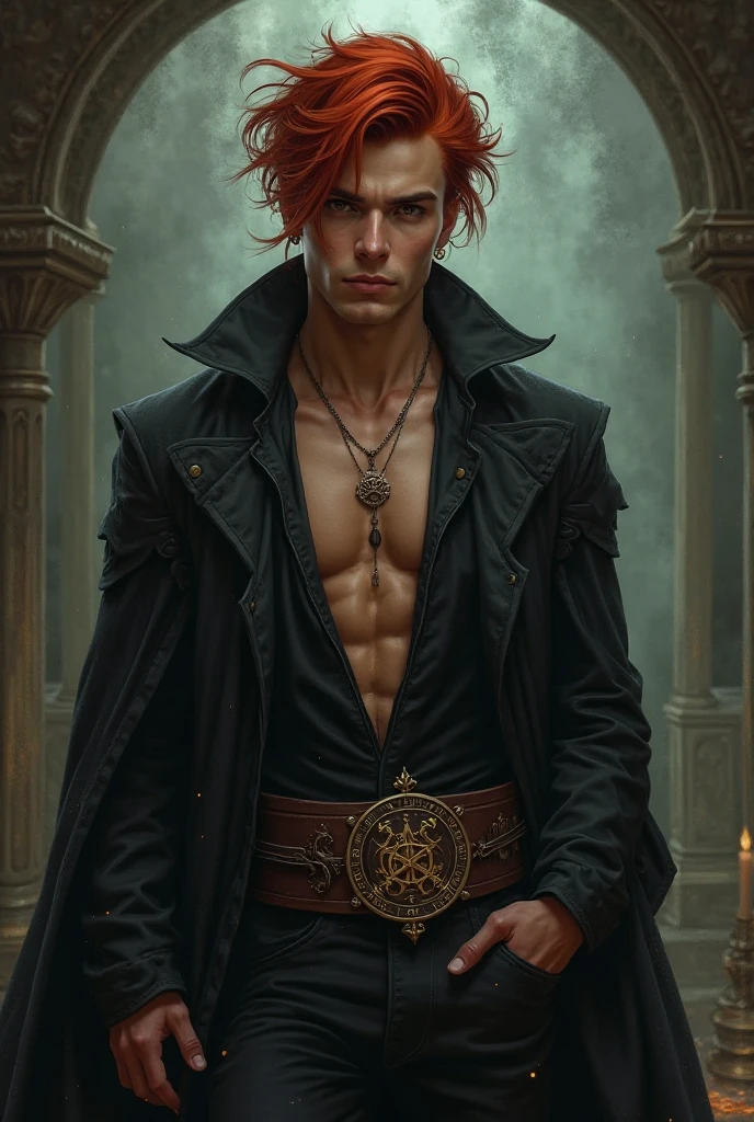 Create Image Of A Gay Male Wizard With Red Hair Tanned Skin And Brown