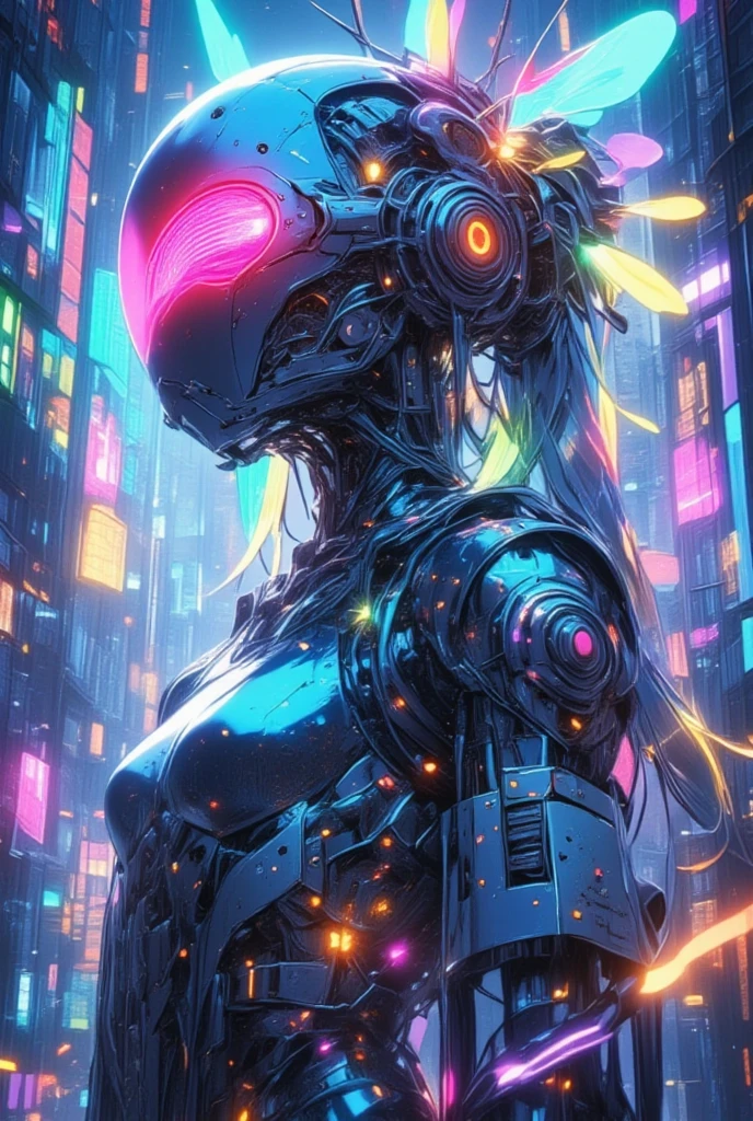 In a forest sky made of iron gears and electronic wiring、body surface ...