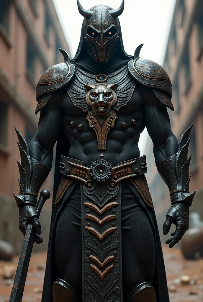 Create a somewhat modern Aztec warrior that the costume is made of a ...