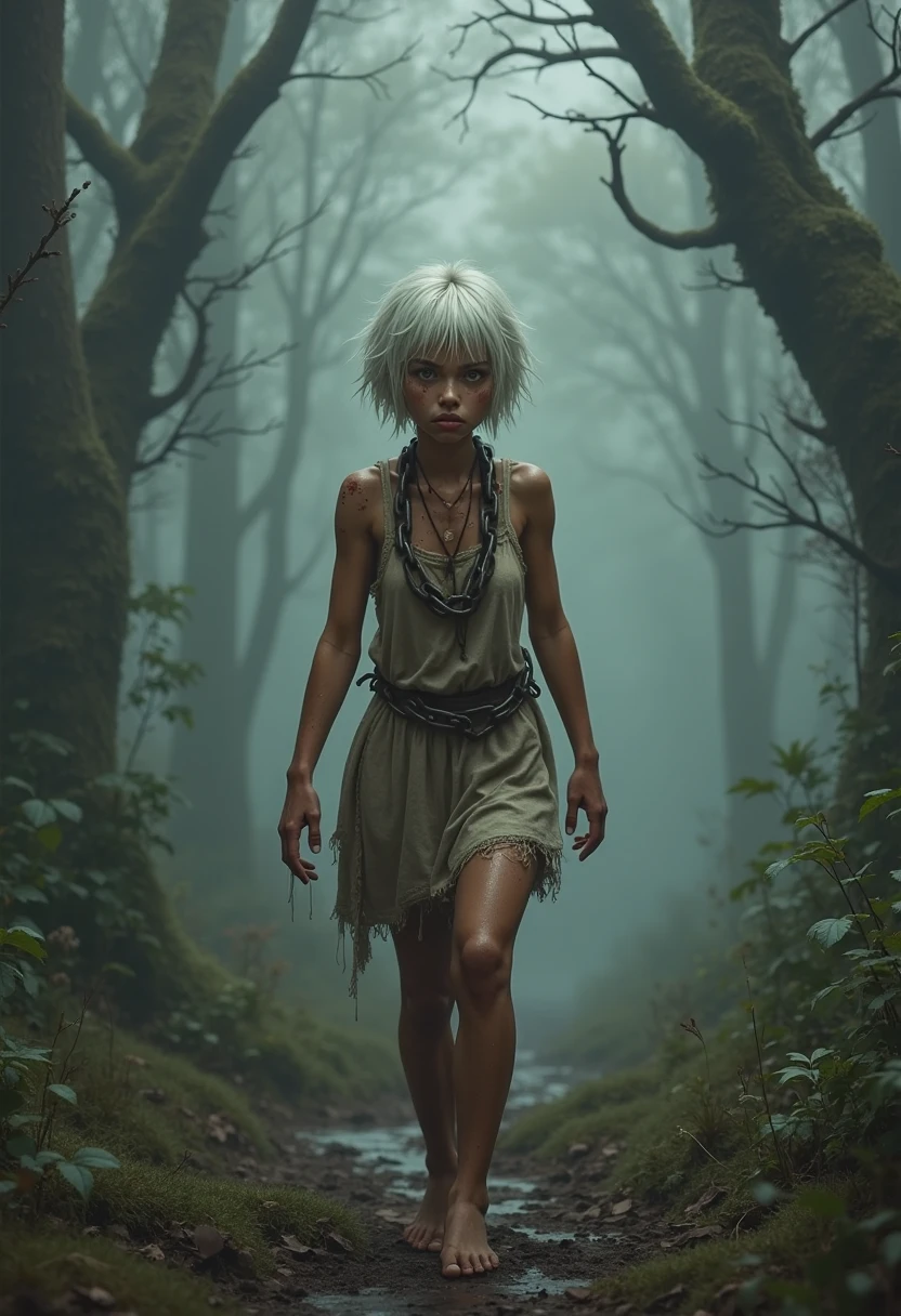 Misty forest, young woman, brown skin, white hair, very short - SeaArt AI