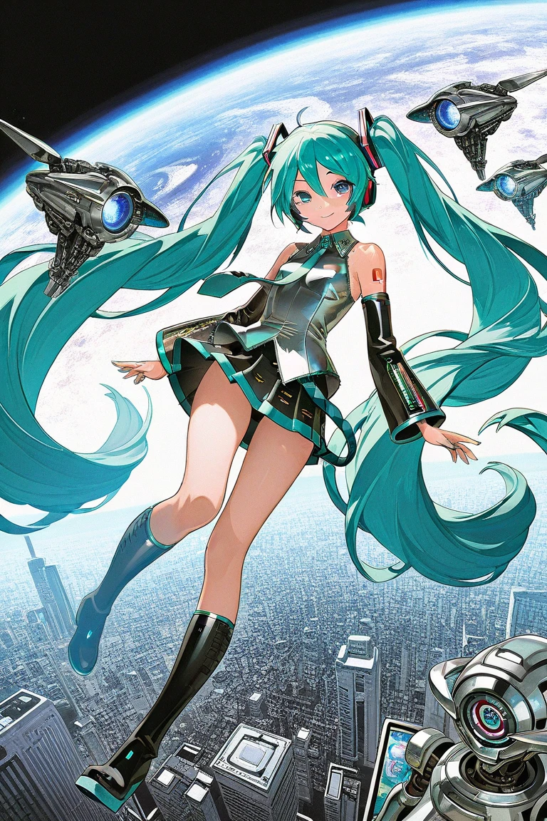 Girl in black,Hatsune Miku,VOCALOID,blue-green long twin tails - SeaArt AI