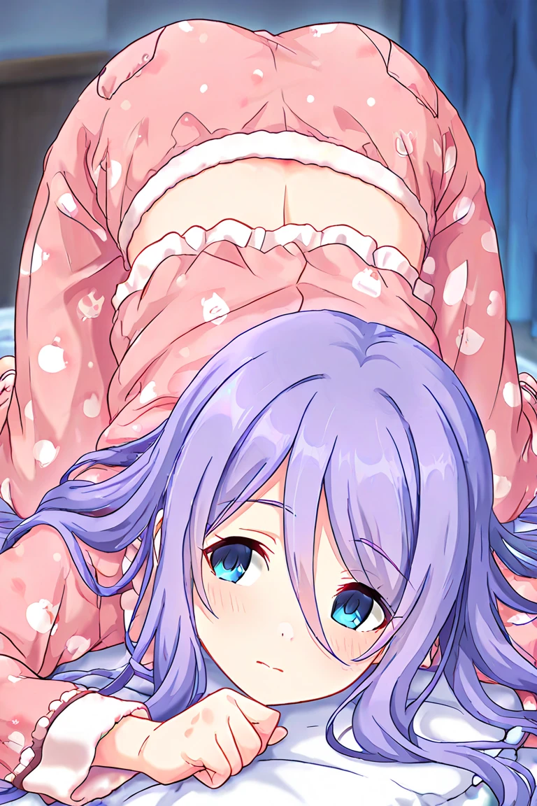 Shizuru2,long hair,purple hair,blue eyes pajamas, p, from behind - SeaArt AI
