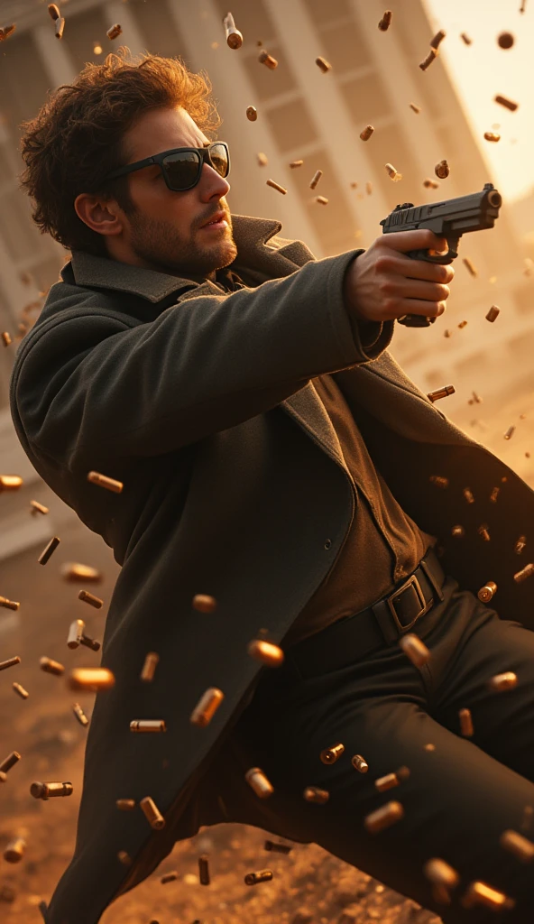 A man in overcoat and sunglasses dodging bullets by bending his body ...